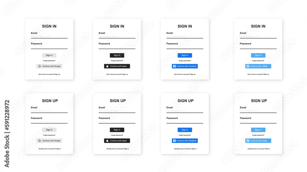 Log in form template set. Sign in with Google, Apple, Facebook and ...