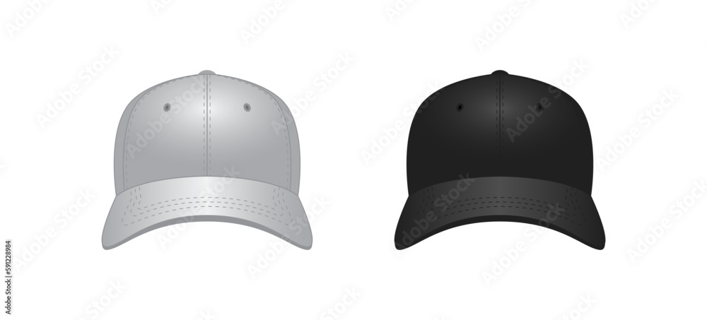 Black and white realistic baseball cap set. Front view. Mock-up for ...
