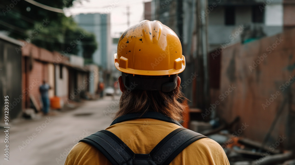 At back of the construction worker head which is wearing the safety ...
