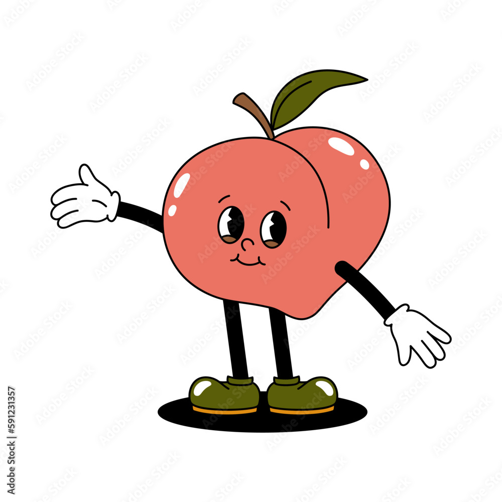 Vector cartoon retro mascot color illustration walking peach. Vintage ...