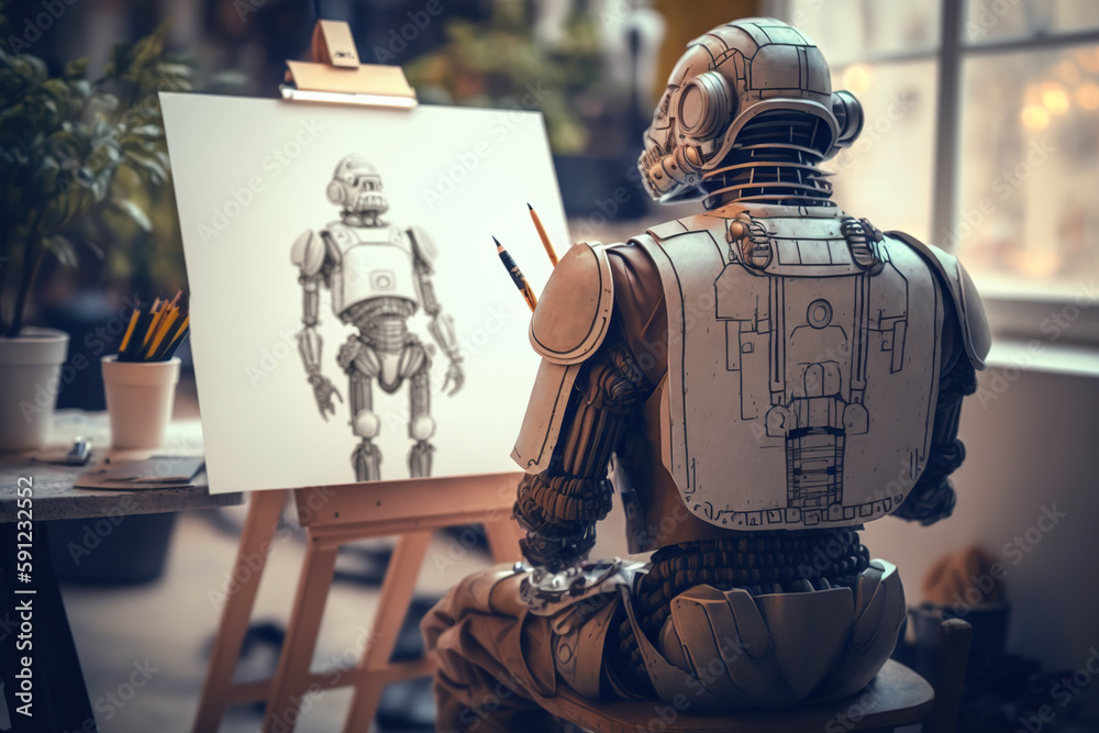 Robot learns to draw in art, created with Generative AI technology ...