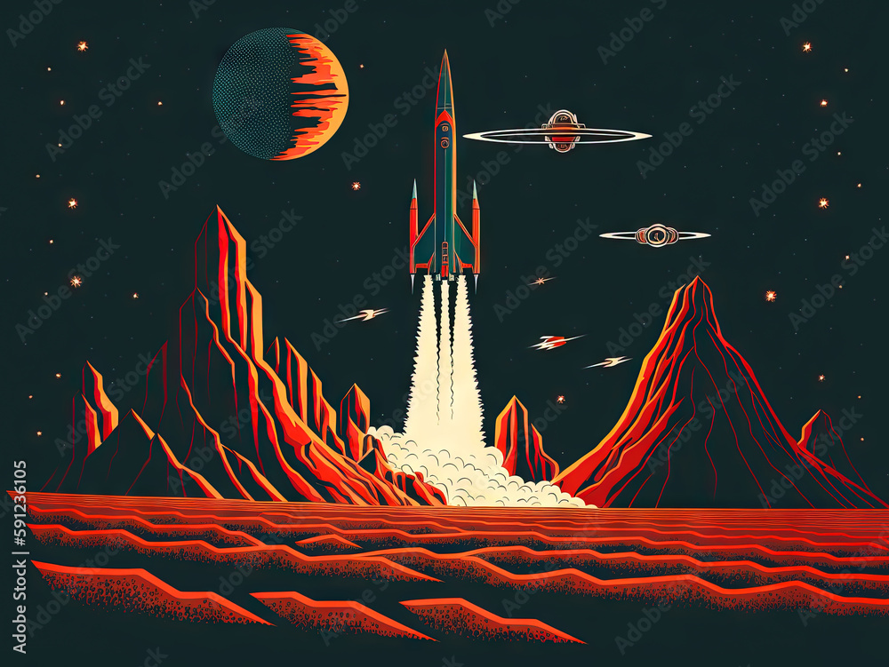 Retro styled sci-fi landscape with mountains. Retro futuristic science ...