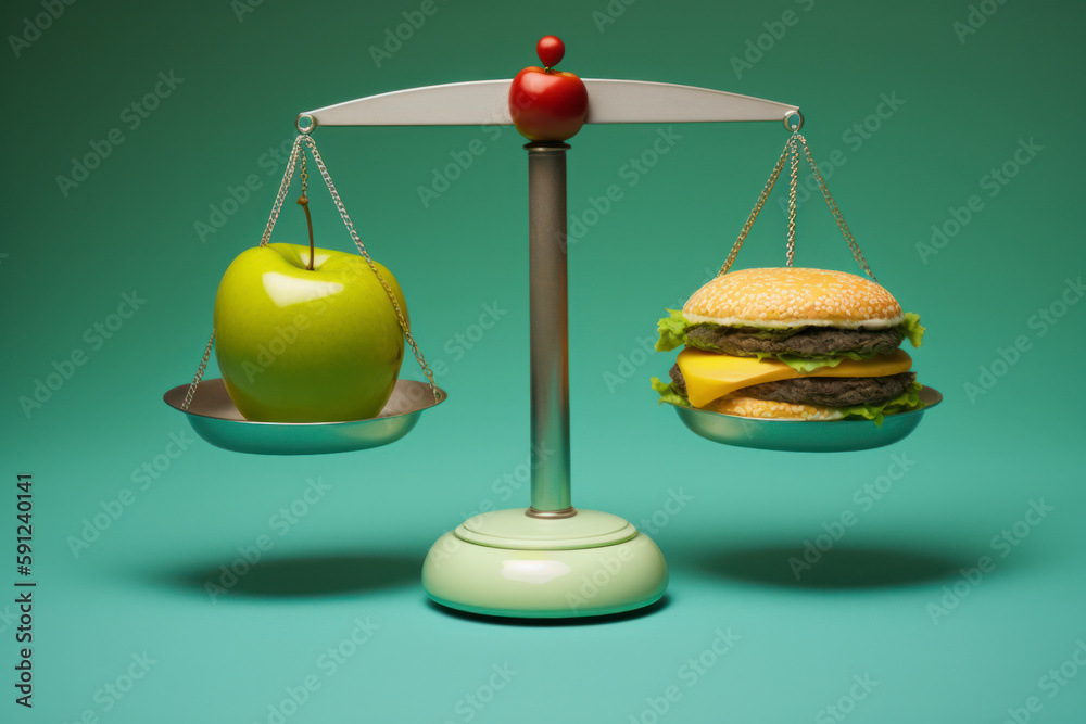 Balanced diet concept with a hamburger and apple on weighing scales ...