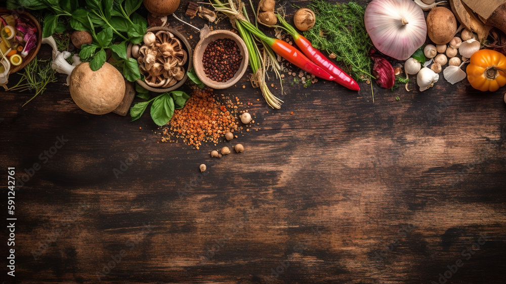 Spices and vegetables on wooden table background, top view background ...