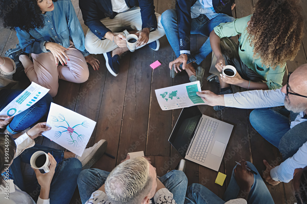 Creative Office Brainstorming Session - Aerial view of colleagues ...