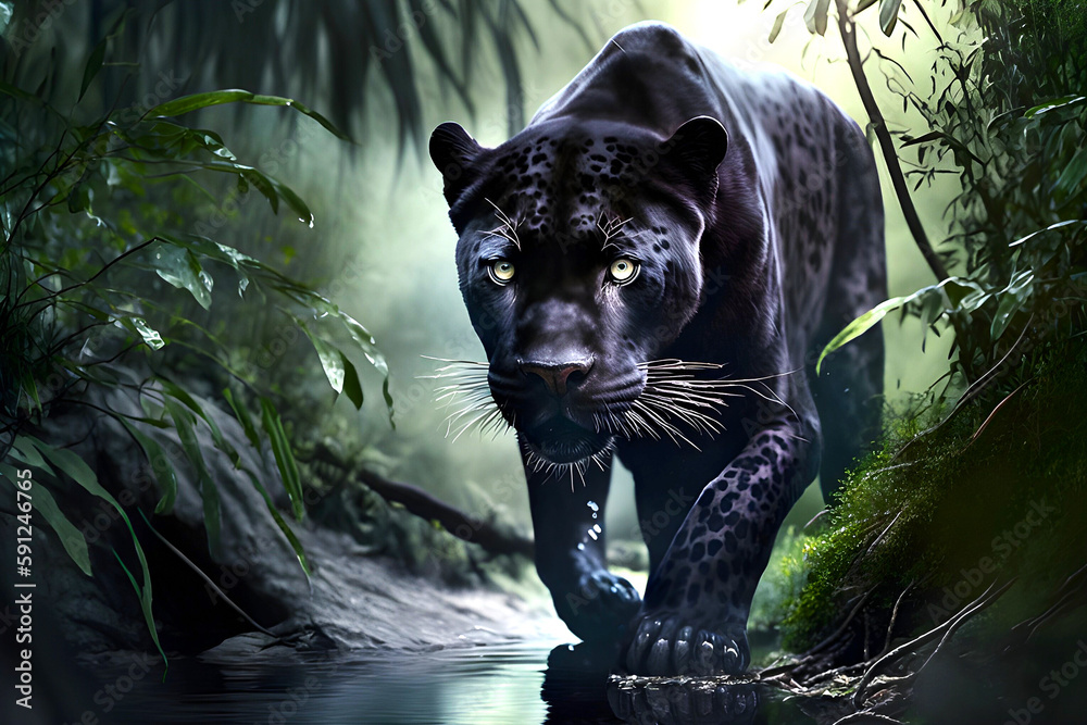 Black jaguar hunting in the jungle. AI generated illustration. Stock ...