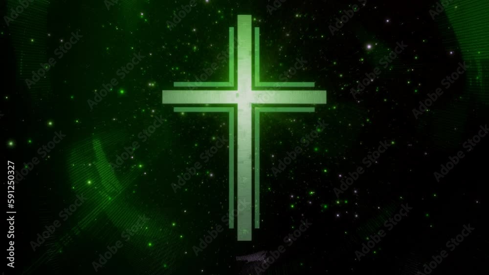 Futuristic Christian cross in ethereal sparkling green cyberspace loop ...