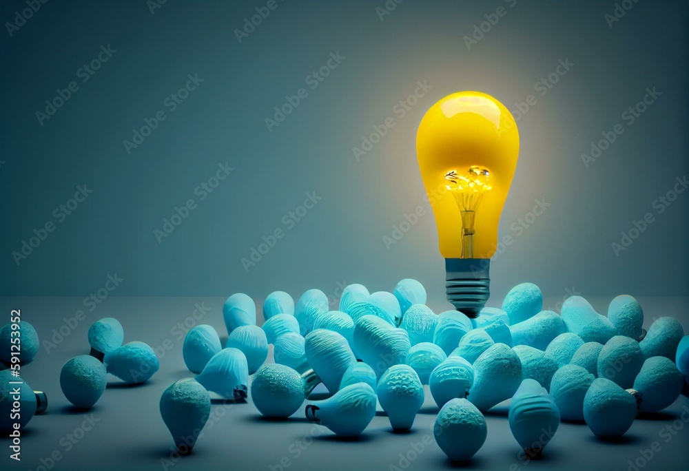 Light bulb yellow floating outstanding among lightbulb light blue on ...