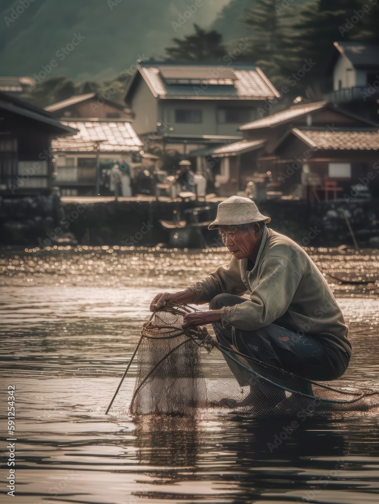 Elderly Japanese fisherman fishing with net at dawn, expertly ...
