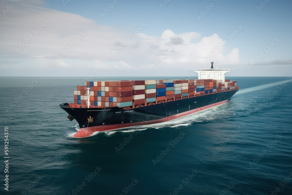 Modern cargo ship carrying shipping containers on ocean, blue sky ...
