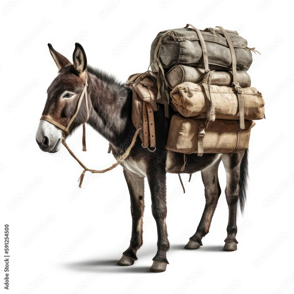 Pack mule isolated on a white background, hardworking and sturdy animal ...