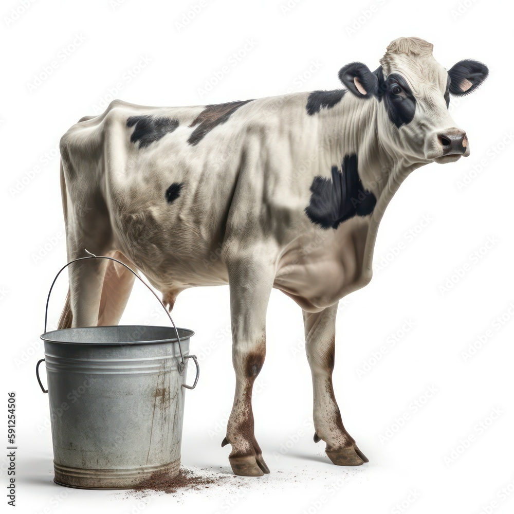 Dairy cow with milking bucket, isolated white background, black and ...