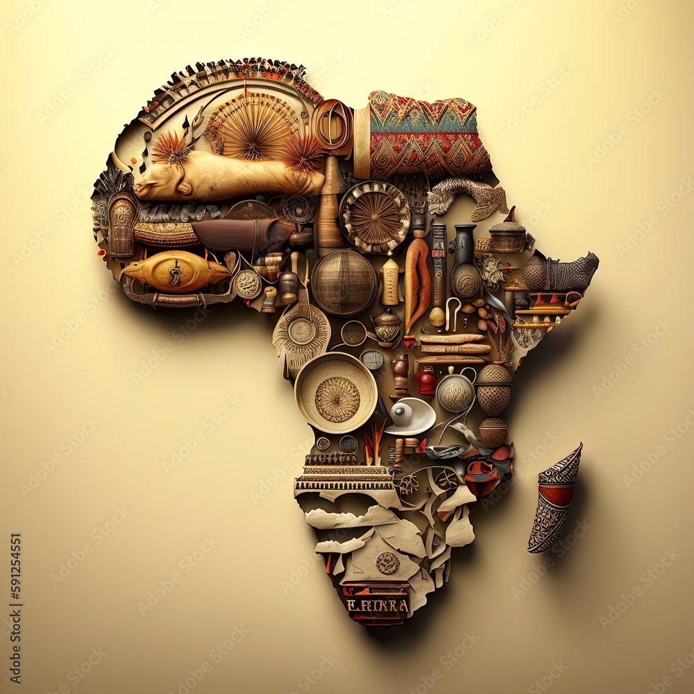 Africa map mosaic, map of africa made from objects of african culture ...