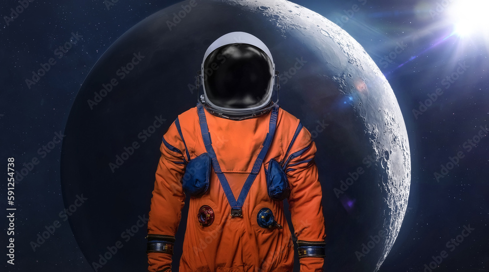 Astronaut and Moon surface in deep bright space. Future Artemis mission ...