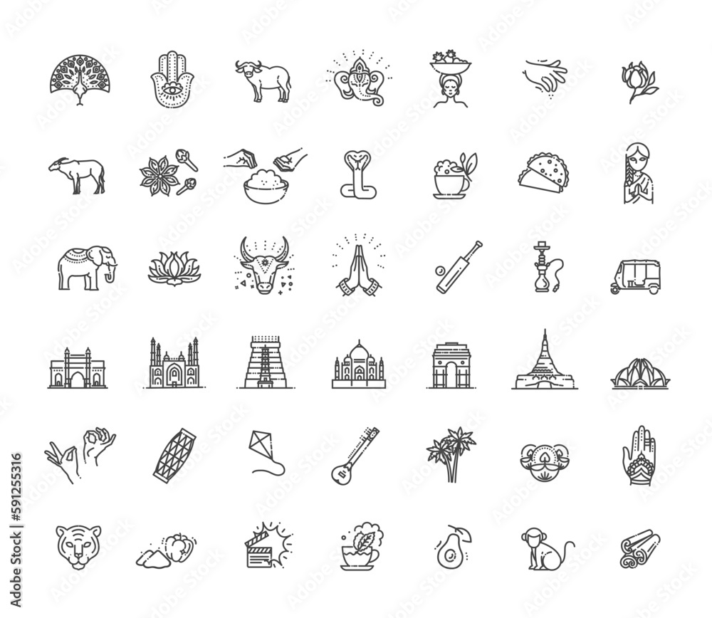 India icons set. Indian attractions, line design. Tourism in India ...