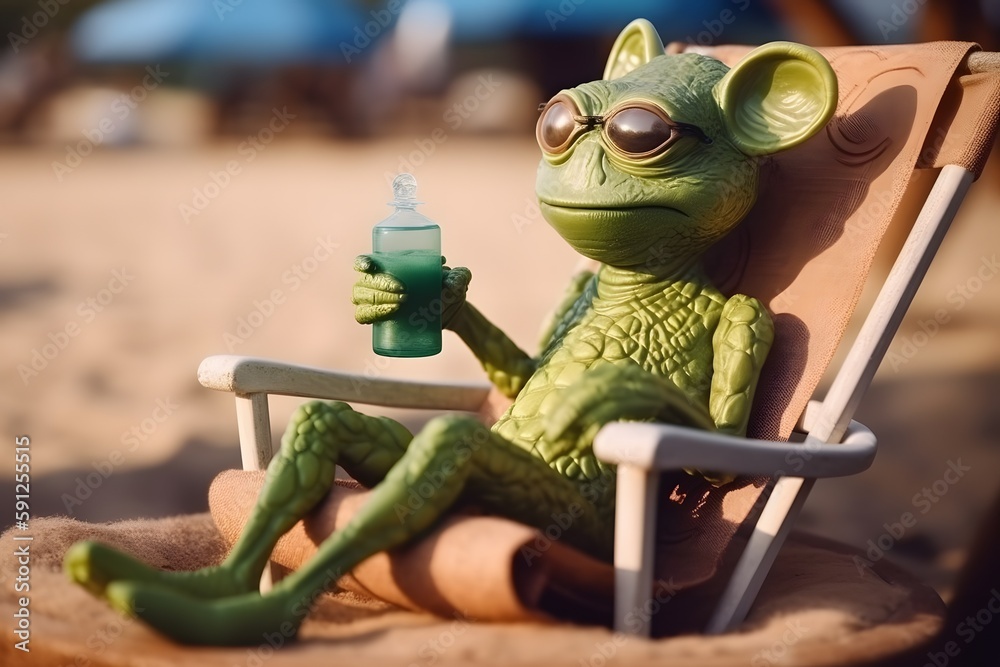 Funny green alien tourist goes on beach holiday relaxing in beach chair ...