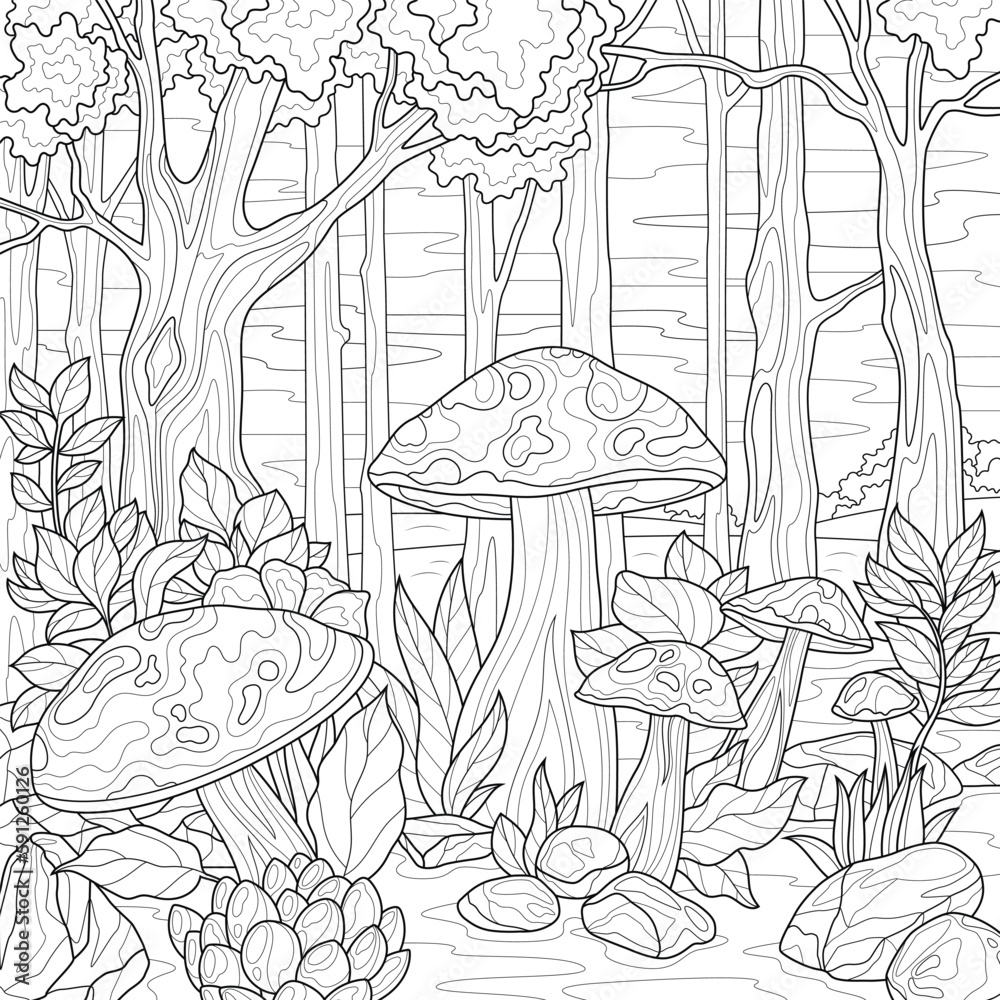 Mushrooms in the forest.Coloring book antistress for children and ...