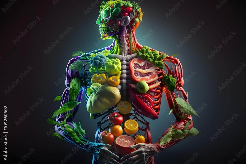 Human body made of vegetables, fruits and berries. Healthy eco organism ...