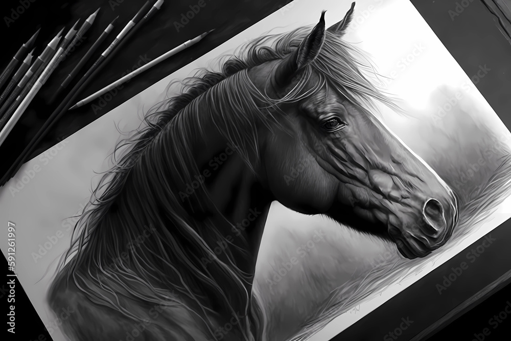 realistic pencil drawing of a horse on paper. ai generated Stock ...