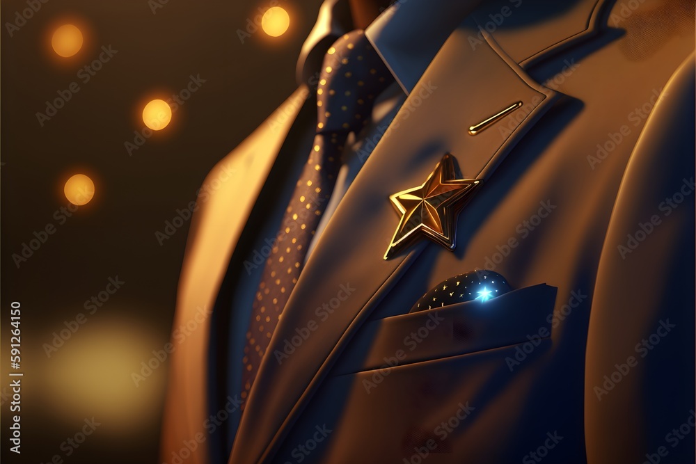 a glowing glod star tag on a mans suit pixar style in a recording ...