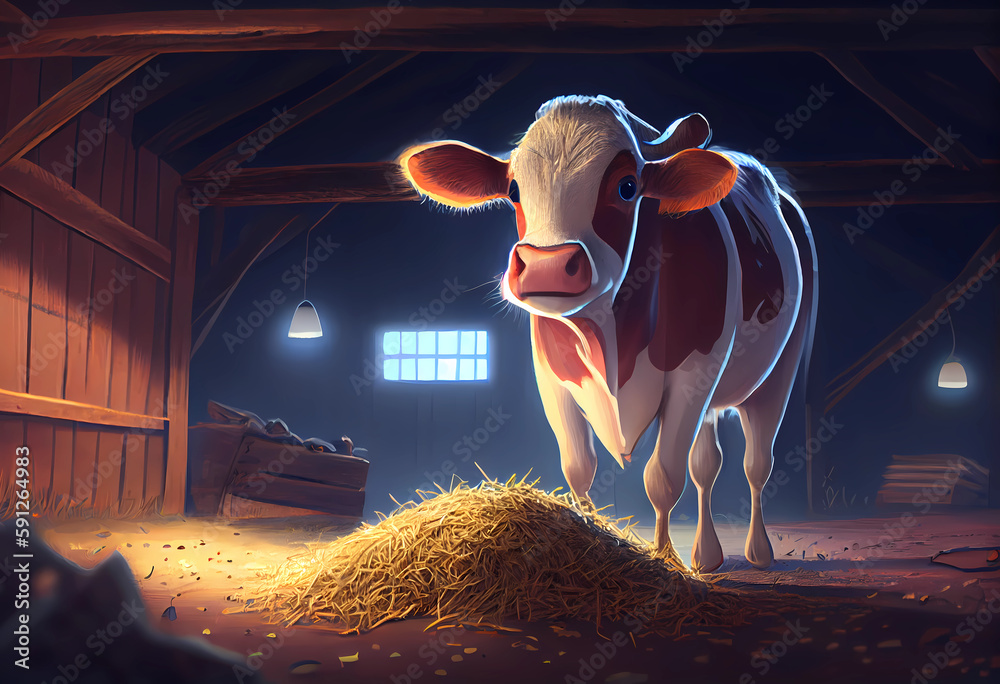cute cow in a barn with a haystack. ai generated Stock Illustration ...