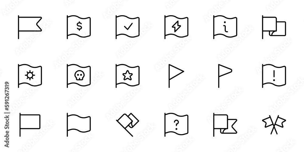 Flag line icon set. Checkered flags, location marker, waving pennant, bookmark, pin minimal ...