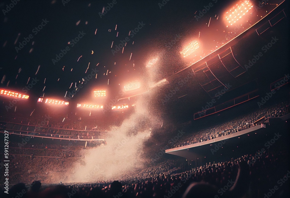 Intense sports moment: bright stadium lights and roaring crowd ...
