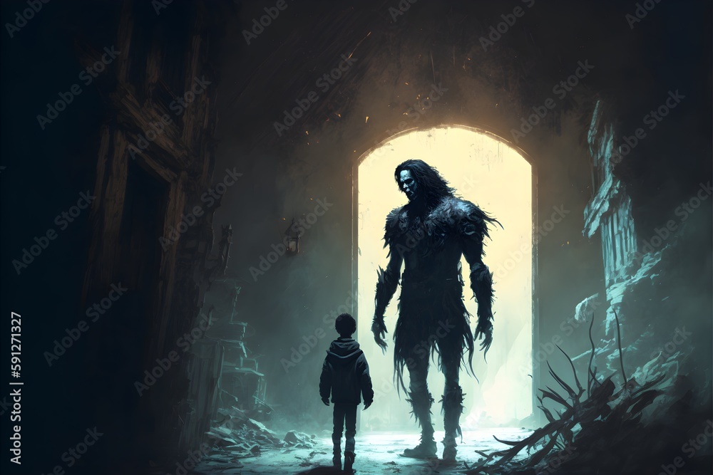 full body a tall thin evil man with long black hair walking with a sad ...
