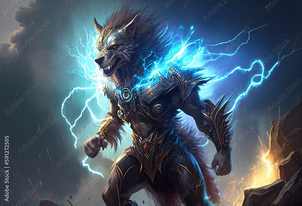Painting of an electric wolf warrior.illustration. Ai genrative. Stock ...