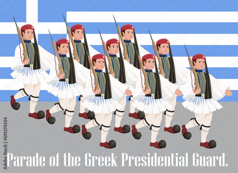 Parade of the Greek Presidential Guard with the Greek flag in the ...