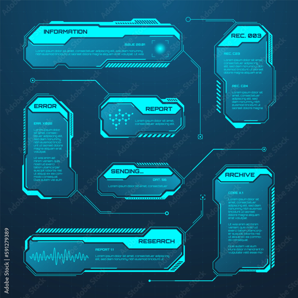 Blue futuristic HUD or UI elements. Sci-fi user interface text boxes ...