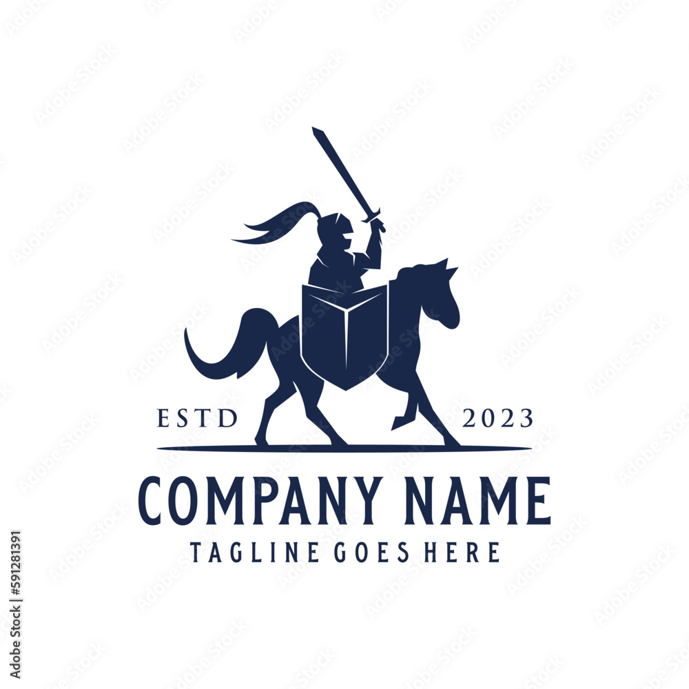 Knight on horse logo emblem. Horseman with sword and monogram shield ...