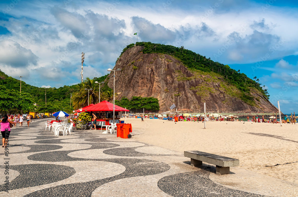 Copacabana and Leme beaches with kiosk and mosaic of sidewalk in Rio de ...