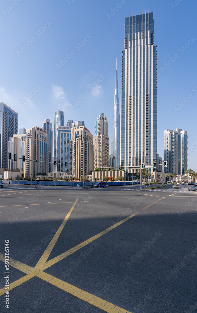 Street road crossing approaching the business district and Dubai Mall ...