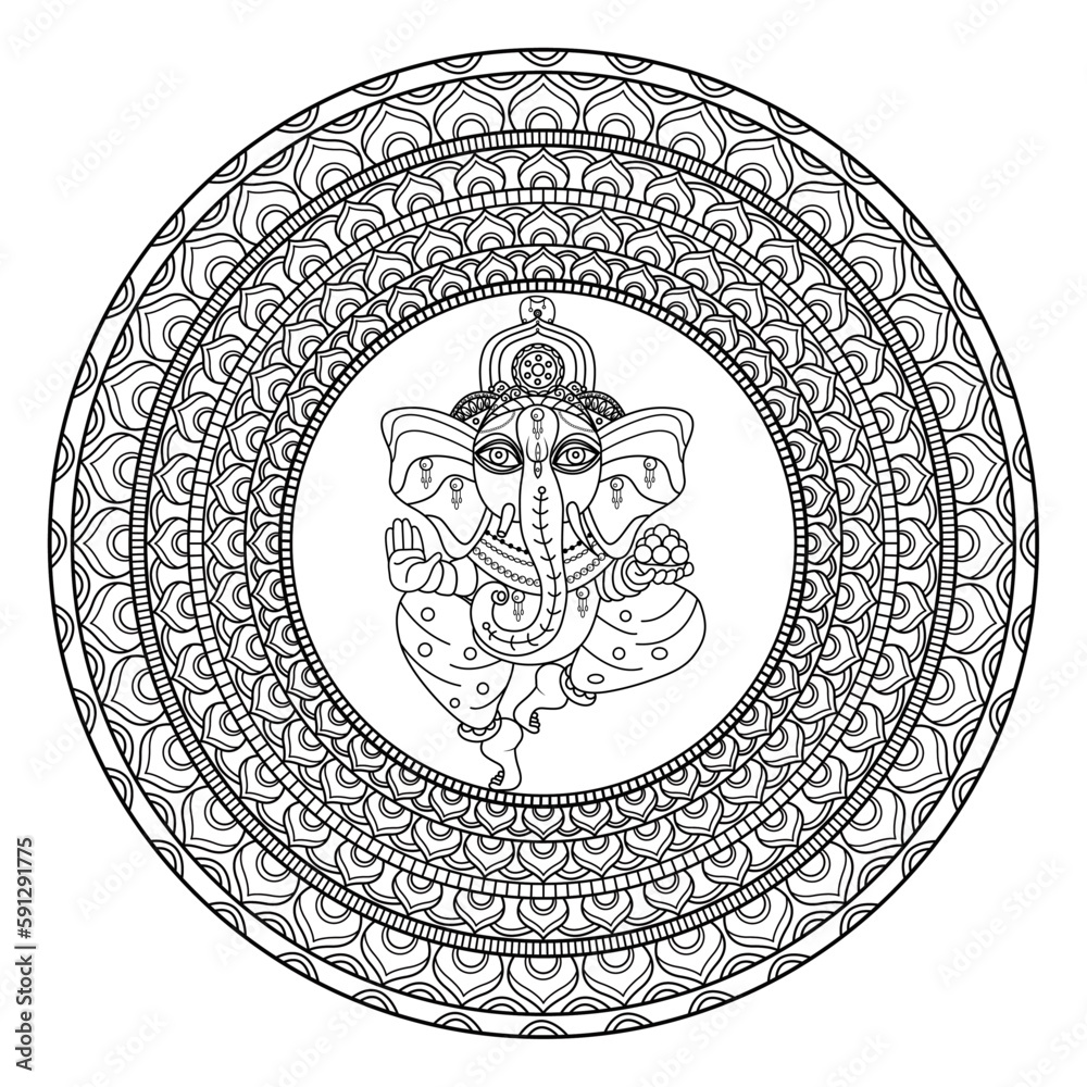 Vector illustration of Ganesh mandala for coloring adult book, Mandala ...