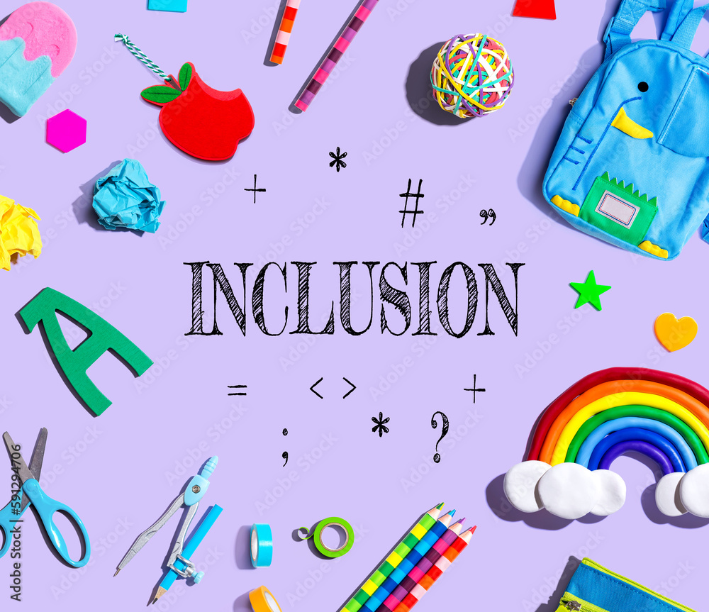 Inclusion Theme with school supplies on a purple background - flat lay ...