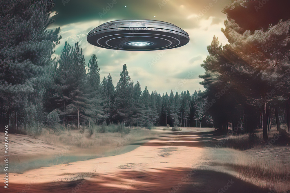 flying saucer Alien abduction scene over a campsite Stock Illustration ...