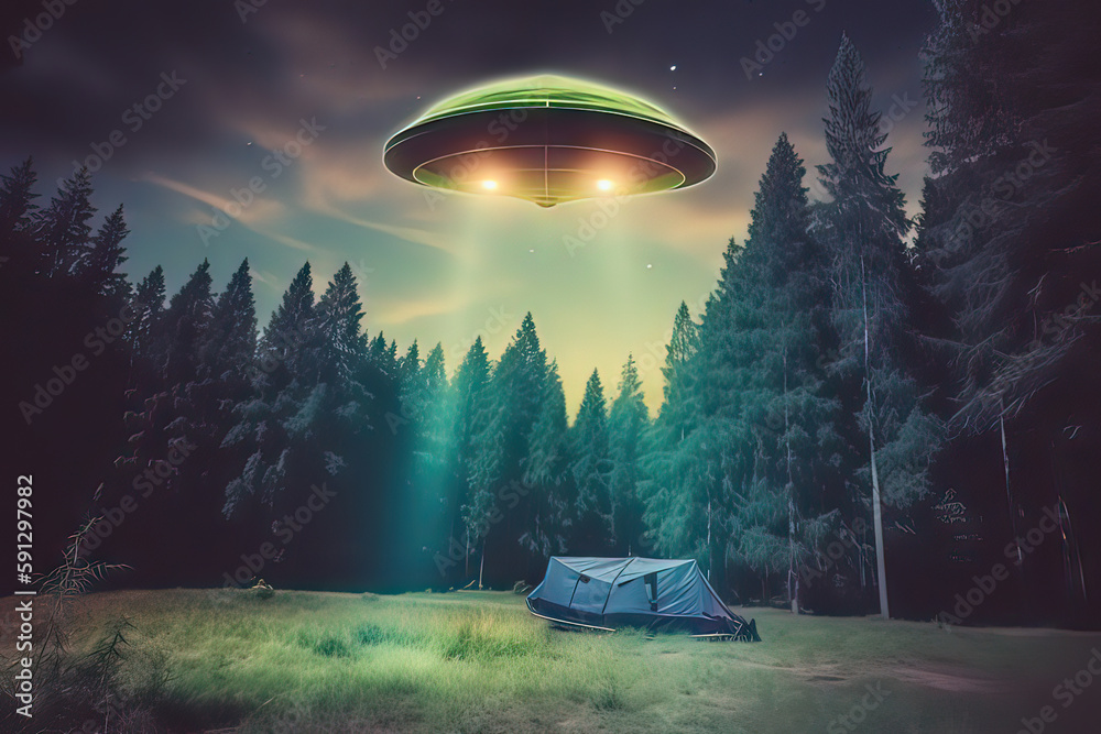 flying saucer Alien abduction scene over a campsite Stock Illustration ...