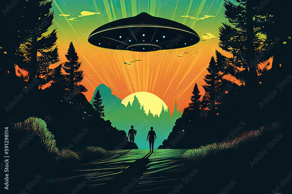 flying saucer Alien abduction scene over a campsite Stock Illustration ...