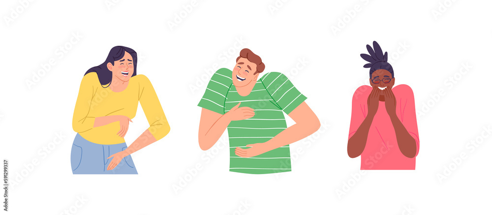 ภาพประกอบสต็อก Set of diverse young people laughing at something funny ...