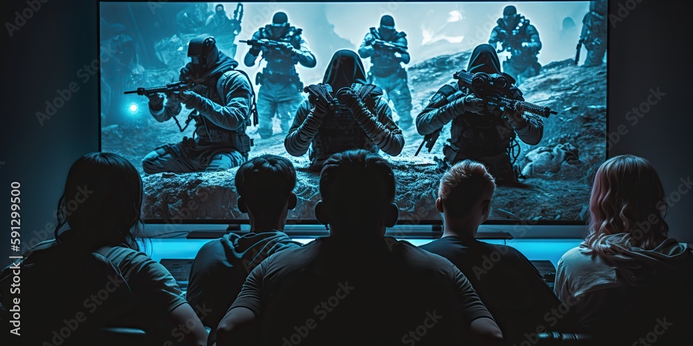 Group of gamers sitting in front of large screen intensely focused on ...