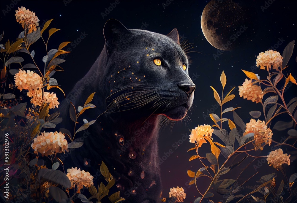 Black panther in flowers on the night background of the big moon ...