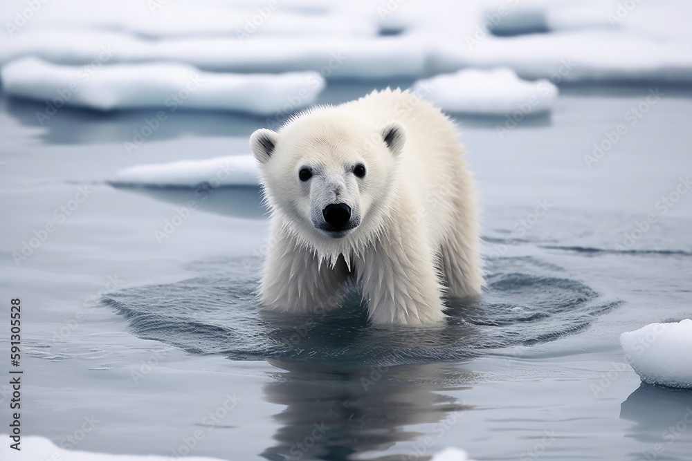 Baby polar bear on melting ice created with generative AI technology ...