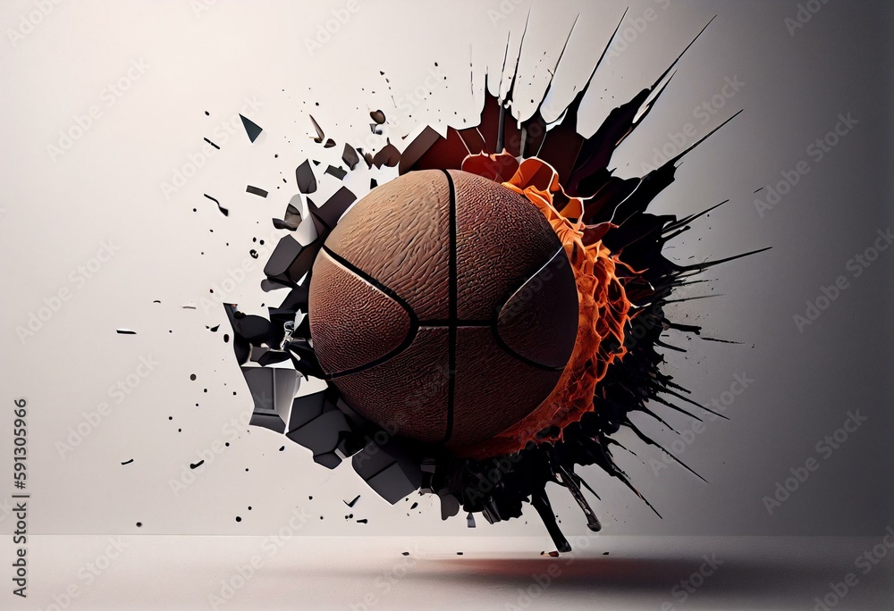 Basketball ball breaking forcibly through a white wall. 3d illustration ...