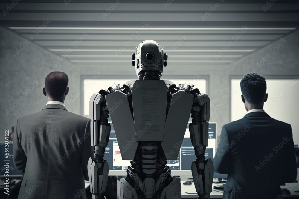 Office workers in business suits look with horror at new robot coworker ...