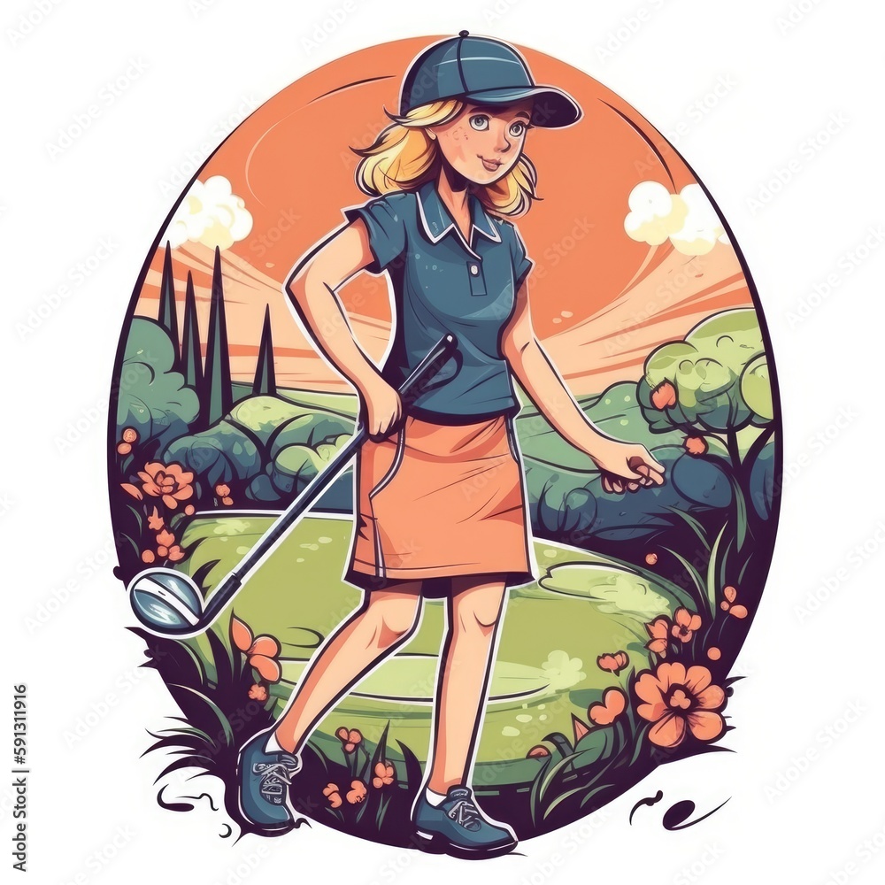 Girl golfer playing a green background, cartoon illustration with ...