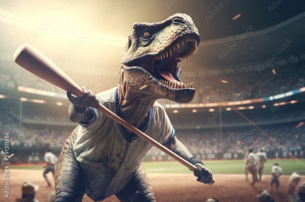 Dinosaur Baseball Player Swinging Baseball Bat At Game Generative AI ...