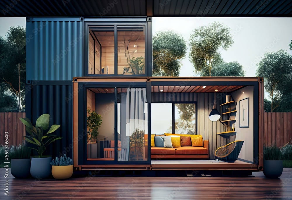 3d Illustration of Container House. Reuse Container for livingroom ...