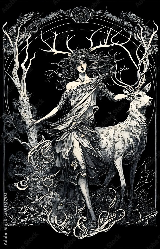 alphonse mucha deer elk horns deer buck black and white ghostly temple ...