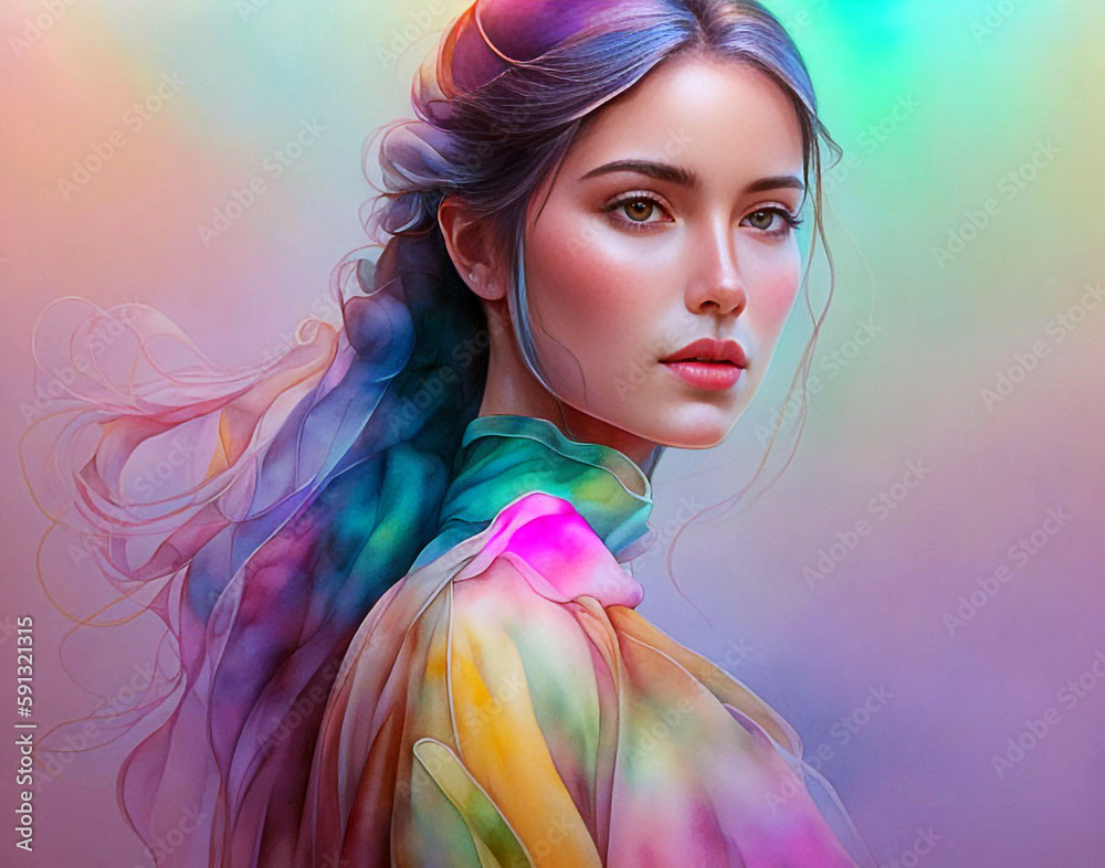 Fashion art portrait of a beautiful young woman with multicolored hair ...